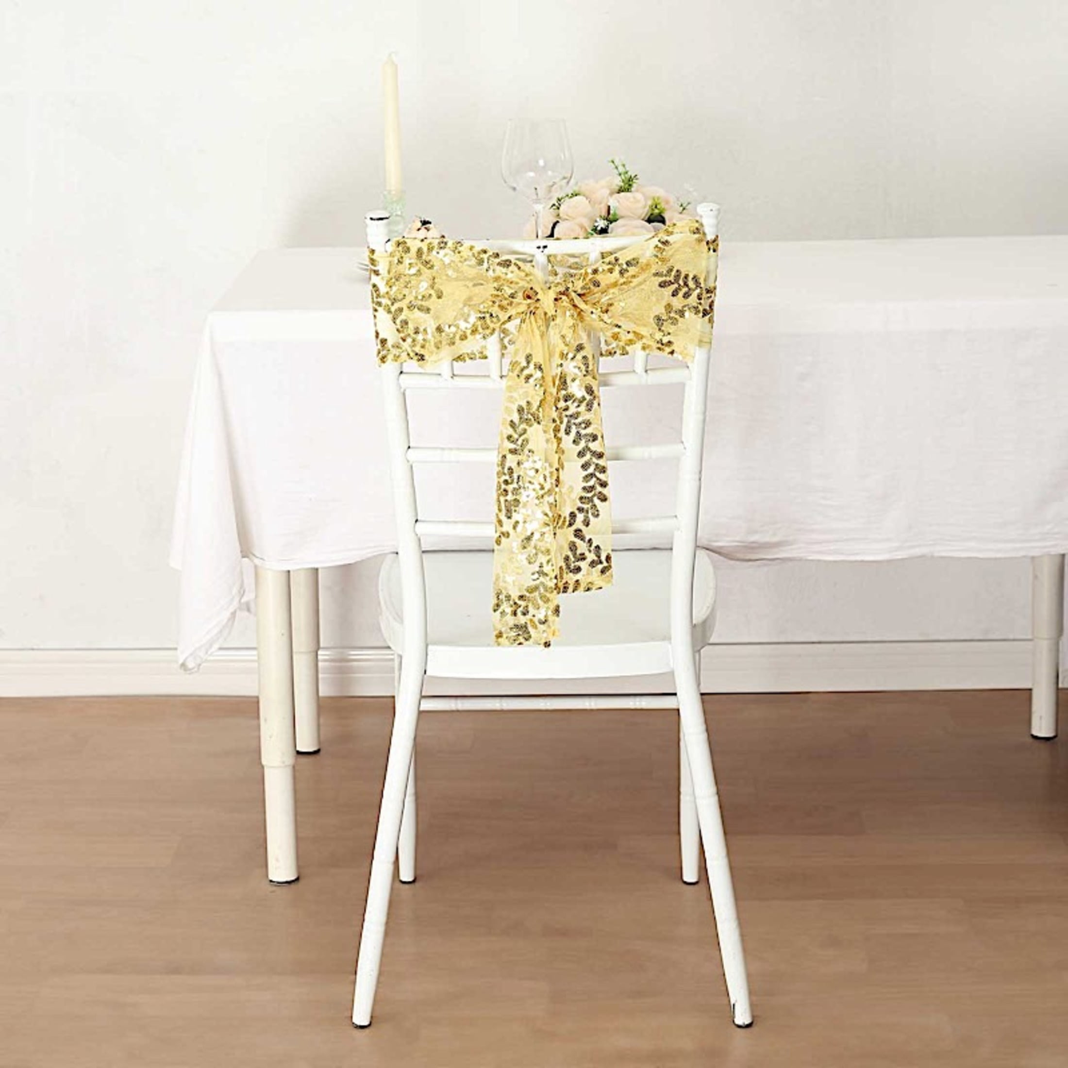 BalsaCircle 5 Gold Tulle Chair Sashes with Leaf Vine Embroidered Sequin ...
