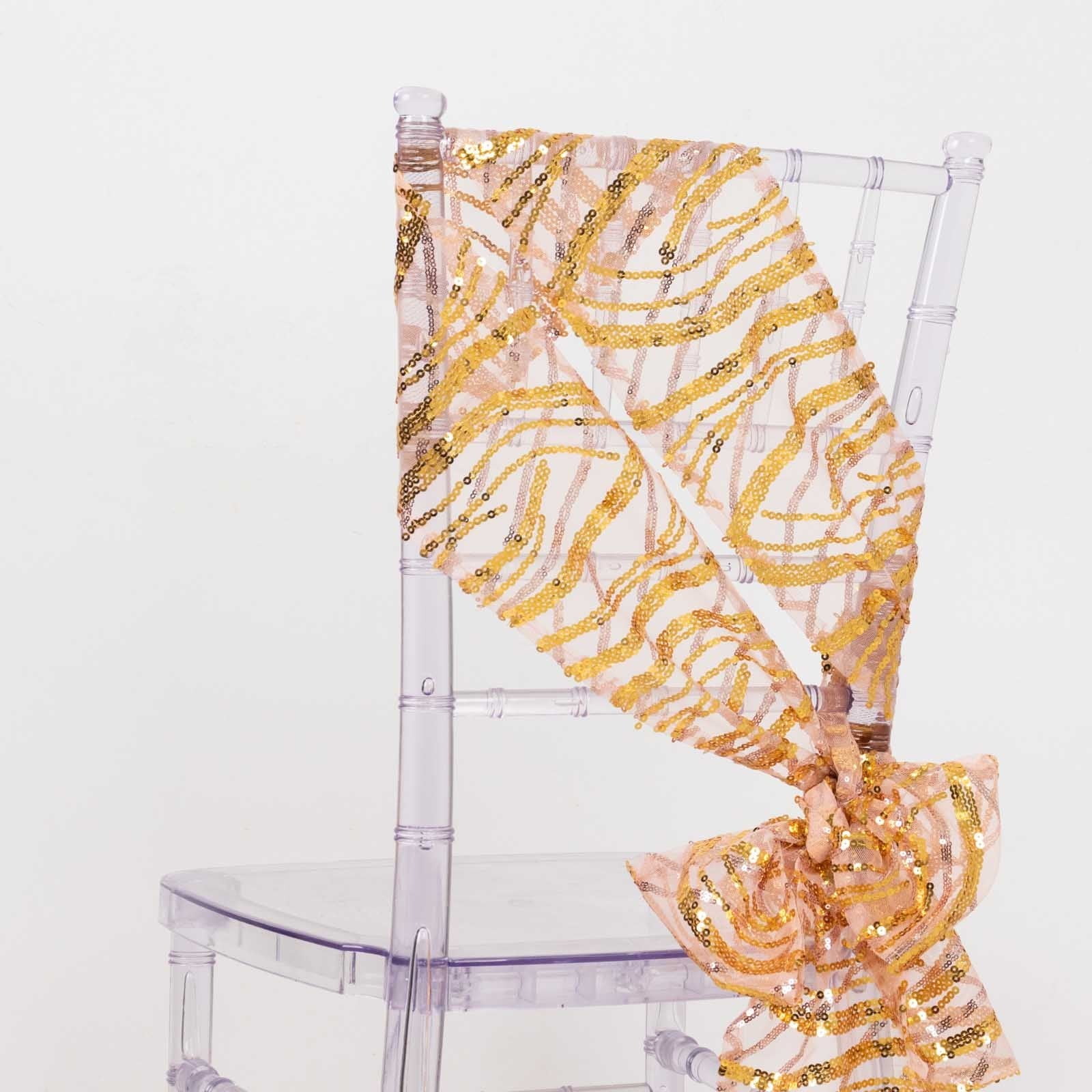 BalsaCircle 5 Rose Gold Wave Mesh Chair Sashes Embroidered Sequins ...