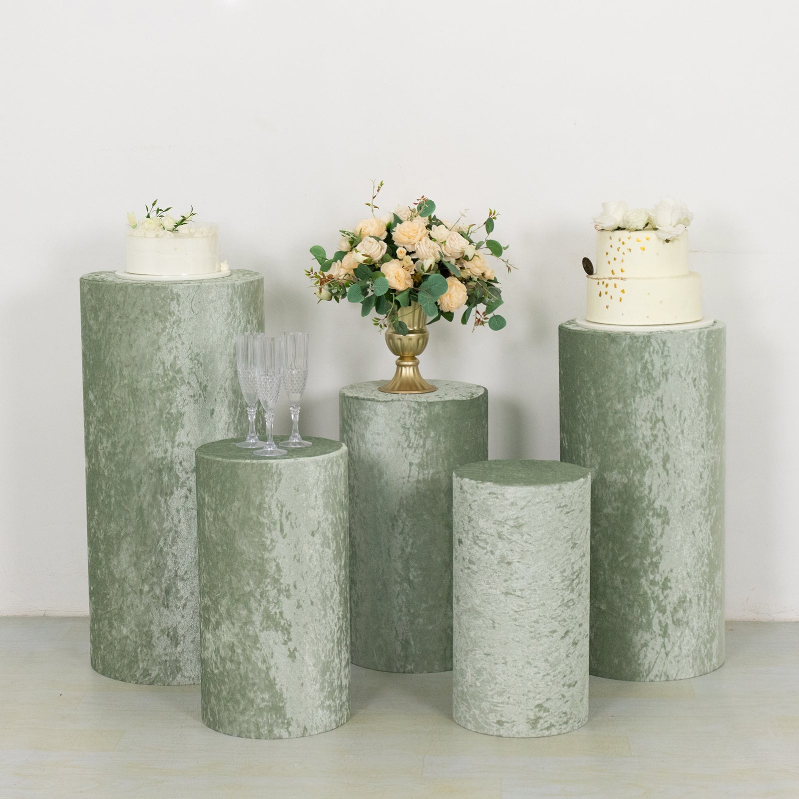 BalsaCircle 5 Sage Green Cylinder Pedestal Crushed Velvet Display Stand ...