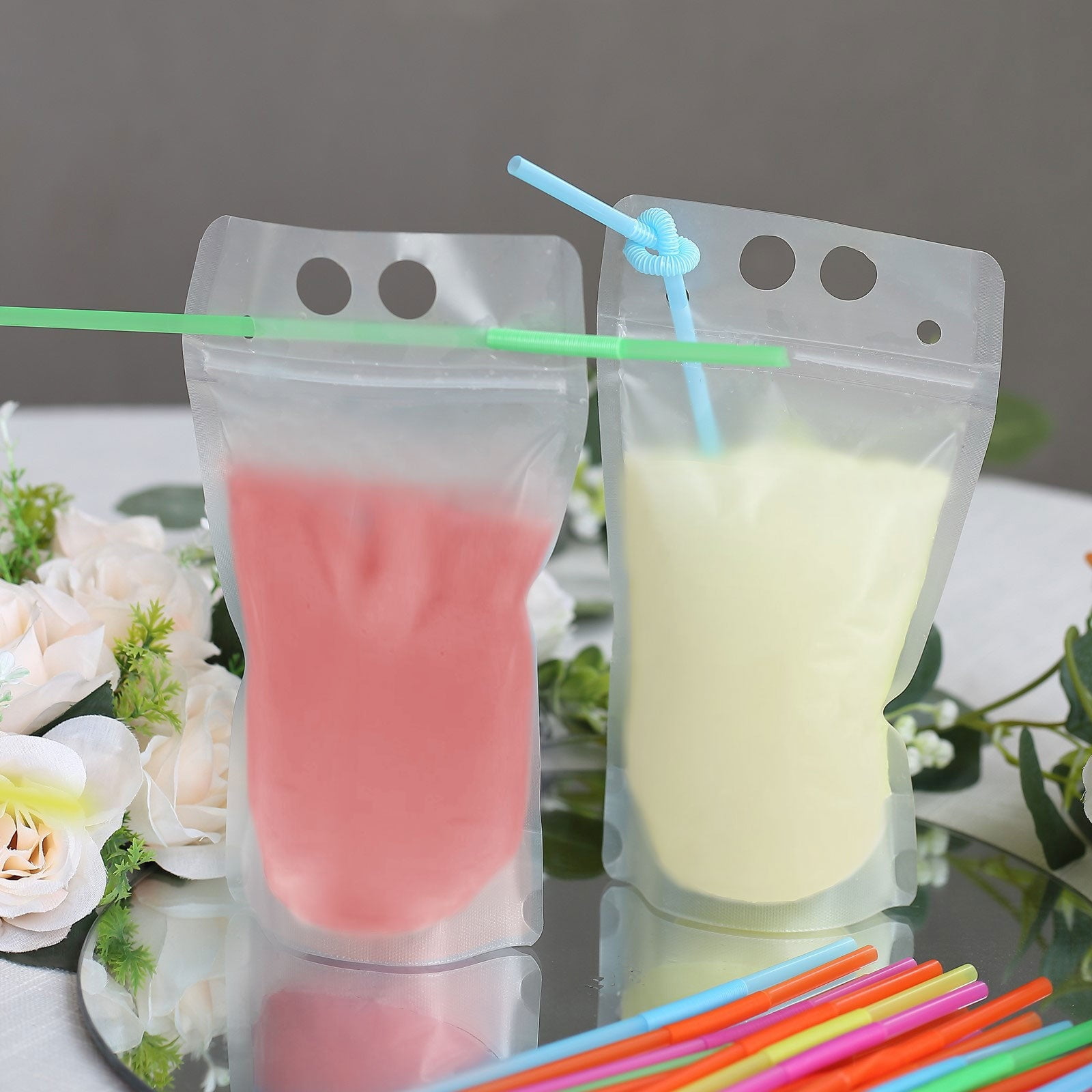 BalsaCircle 50 Clear 12 oz Plastic Stand-Up Drink Pouches Straws Party ...
