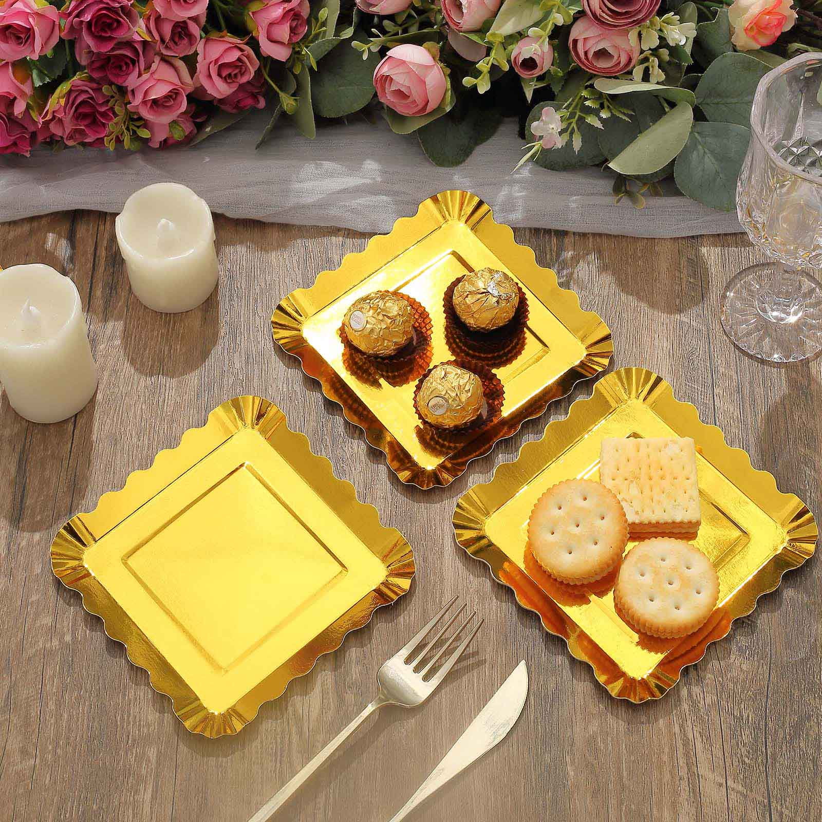 BalsaCircle 50 Gold 5" Square Disposable Dessert Paper Plates Scalloped ...