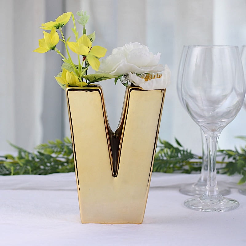 BalsaCircle 6" Gold V Metallic Letters Symbols Ceramic Flower Vase ...