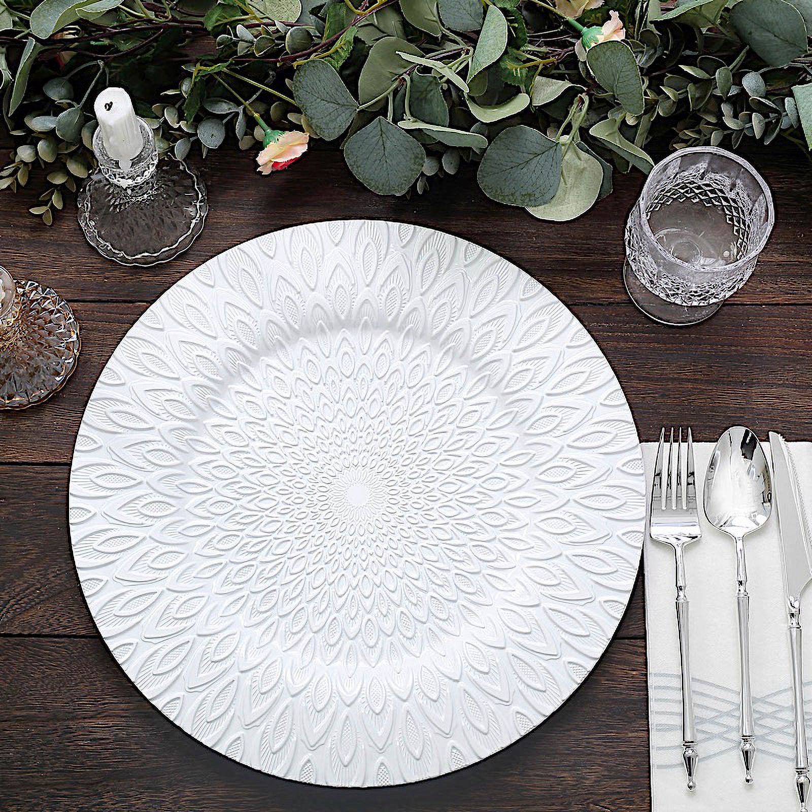 BalsaCircle 6 Round 13 in White Plastic Charge Plates Embossed Peacock ...