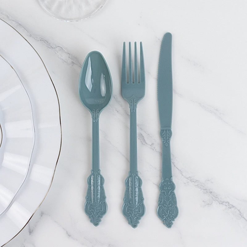 BalsaCircle 72 Dusty Blue Plastic Cutlery Baroque Style Spoons Forks ...