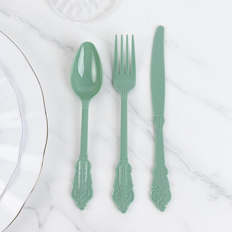 BalsaCircle 72 Dusty Sage Green Plastic Cutlery Baroque Style Spoons ...