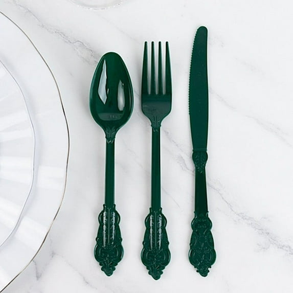 BalsaCircle 72 Hunter Green Plastic Cutlery Baroque Style Spoons Forks ...