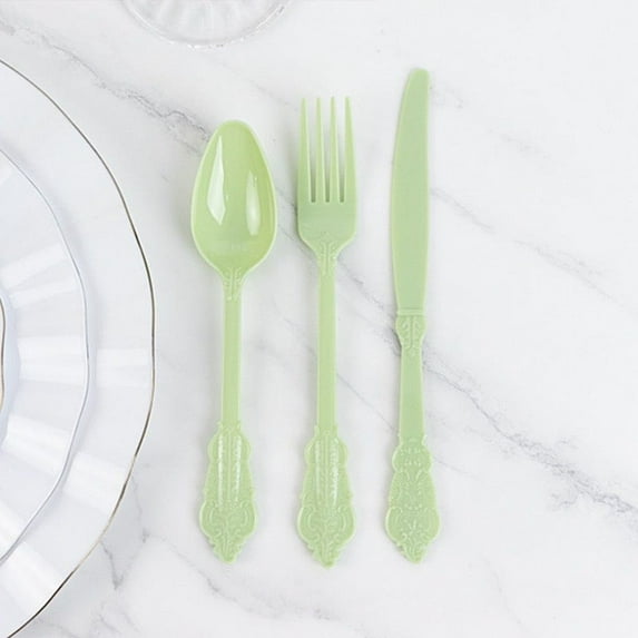 BalsaCircle 72 Sage Green Plastic Cutlery Baroque Style Spoons Forks ...