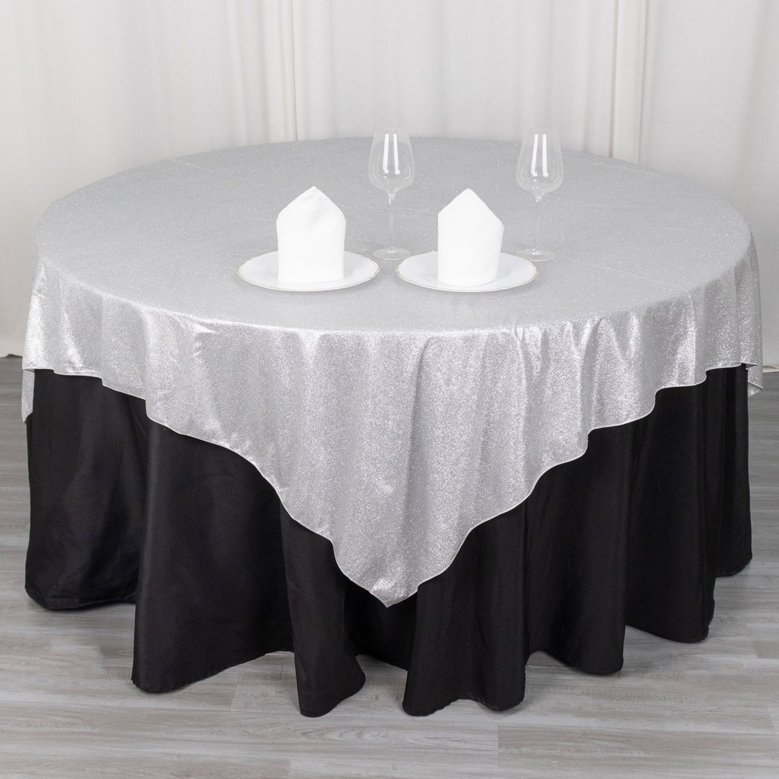 BalsaCircle 72" x 72" Silver Glittered Polyester Square Table Overlay ...