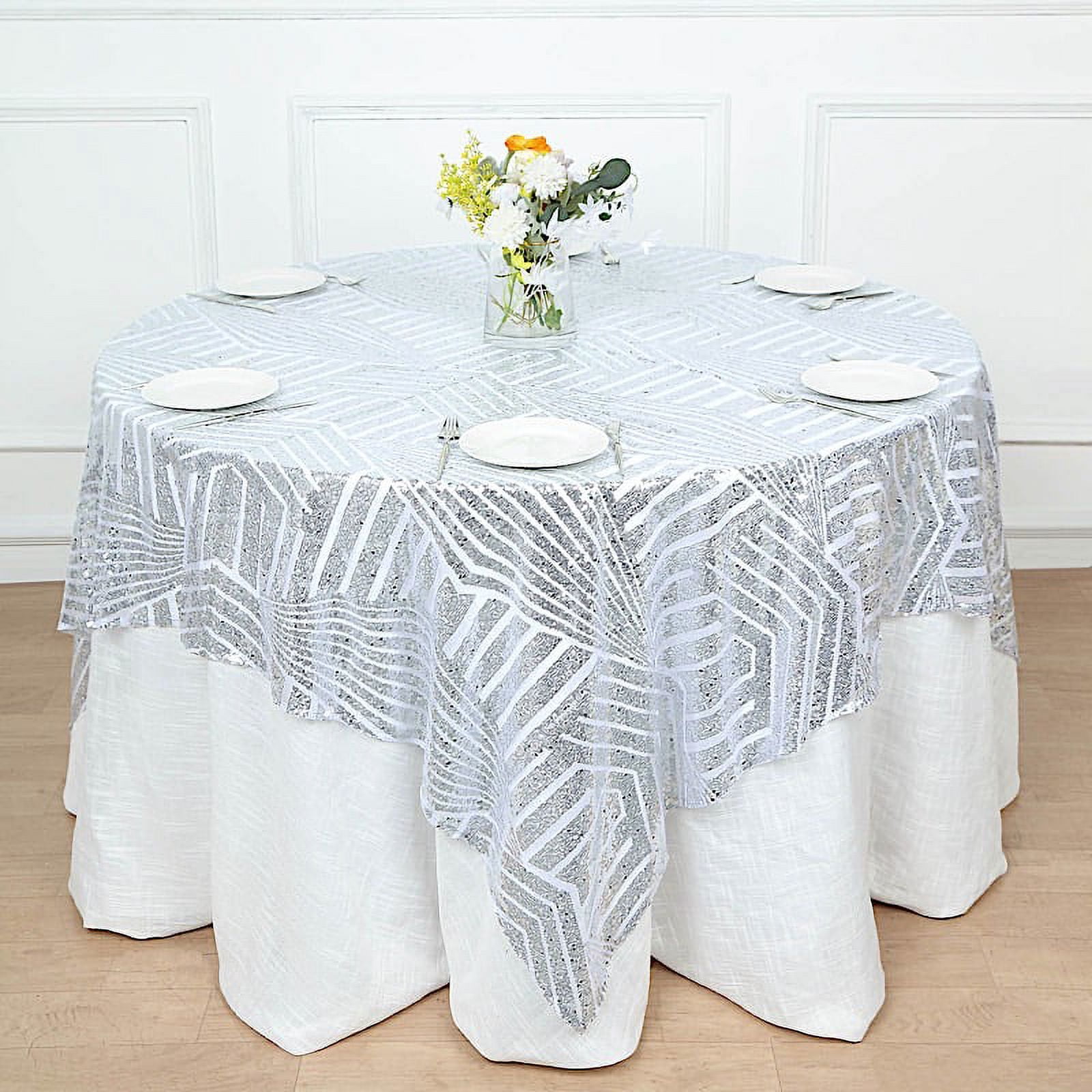 BalsaCircle 72x72" Silver Sequined Geometric Design Tulle Square Table ...