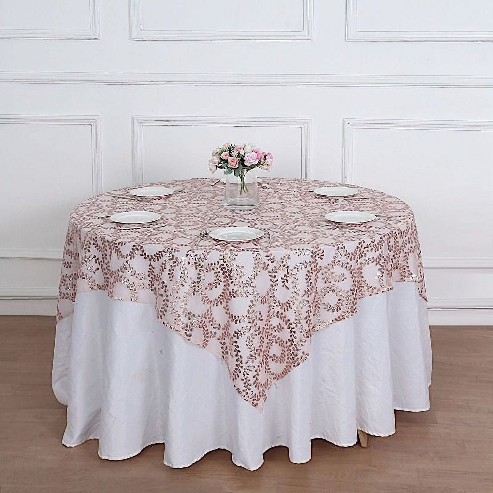 BalsaCircle 72x72 in Blush Embroidered Leaves Sequined Tulle Square ...