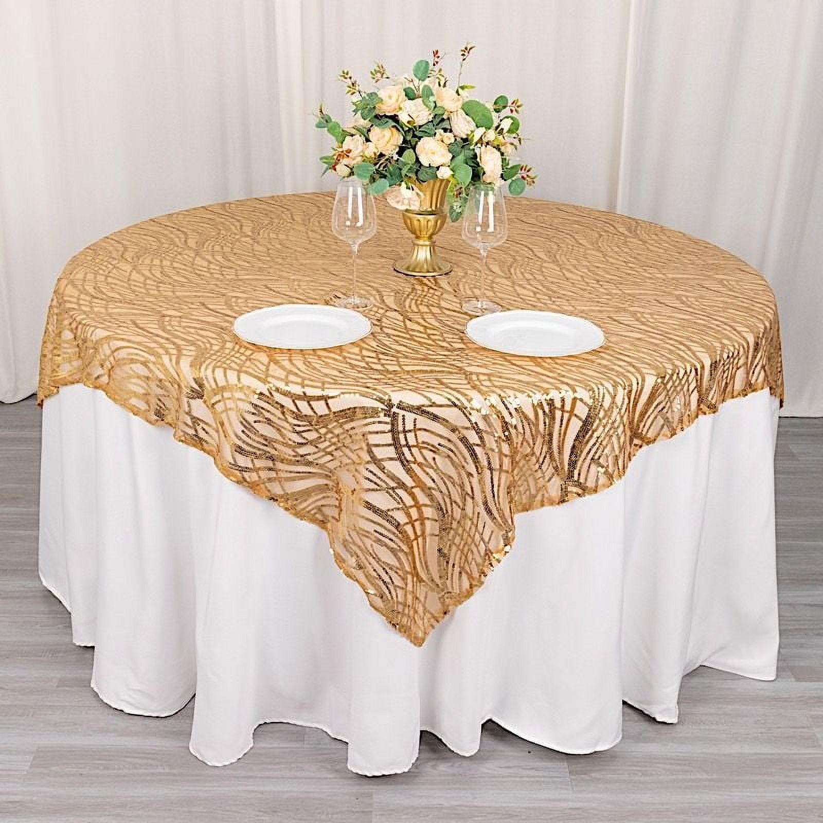 BalsaCircle 72x72 in Gold Wavy Embroidered Sequined Tulle Square Table ...