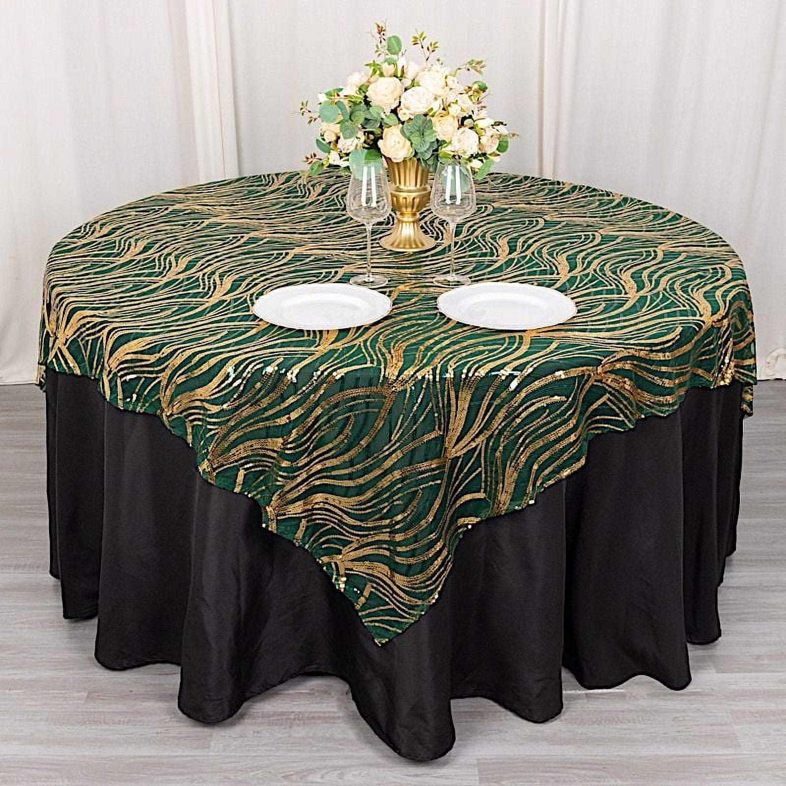 BalsaCircle 72x72 in Hunter Green Gold Wavy Embroidered Sequined Tulle ...