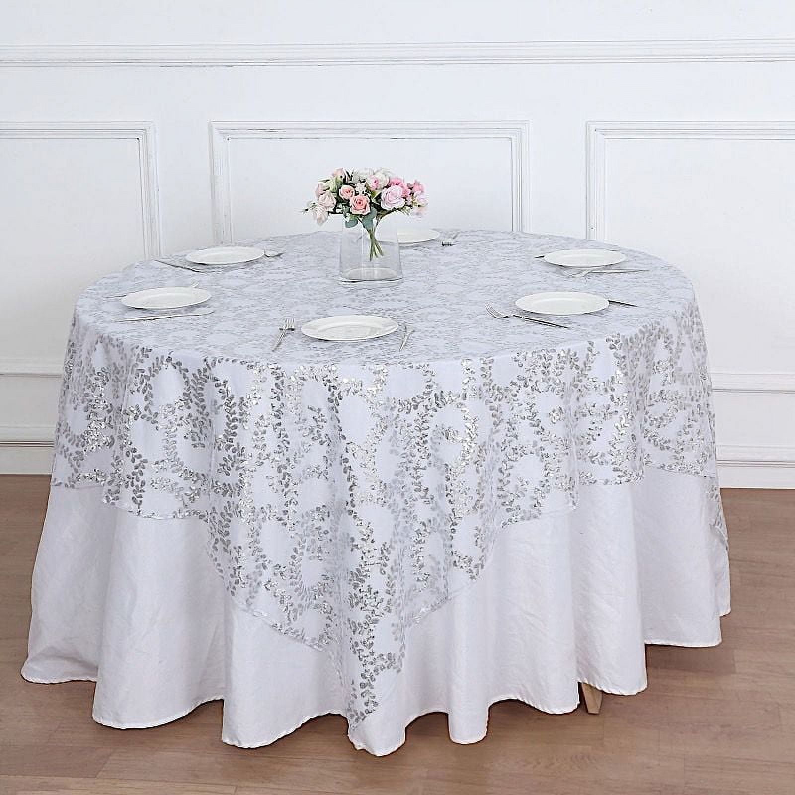 BalsaCircle 72x72 in Silver Embroidered Leaves Sequined Tulle Square ...