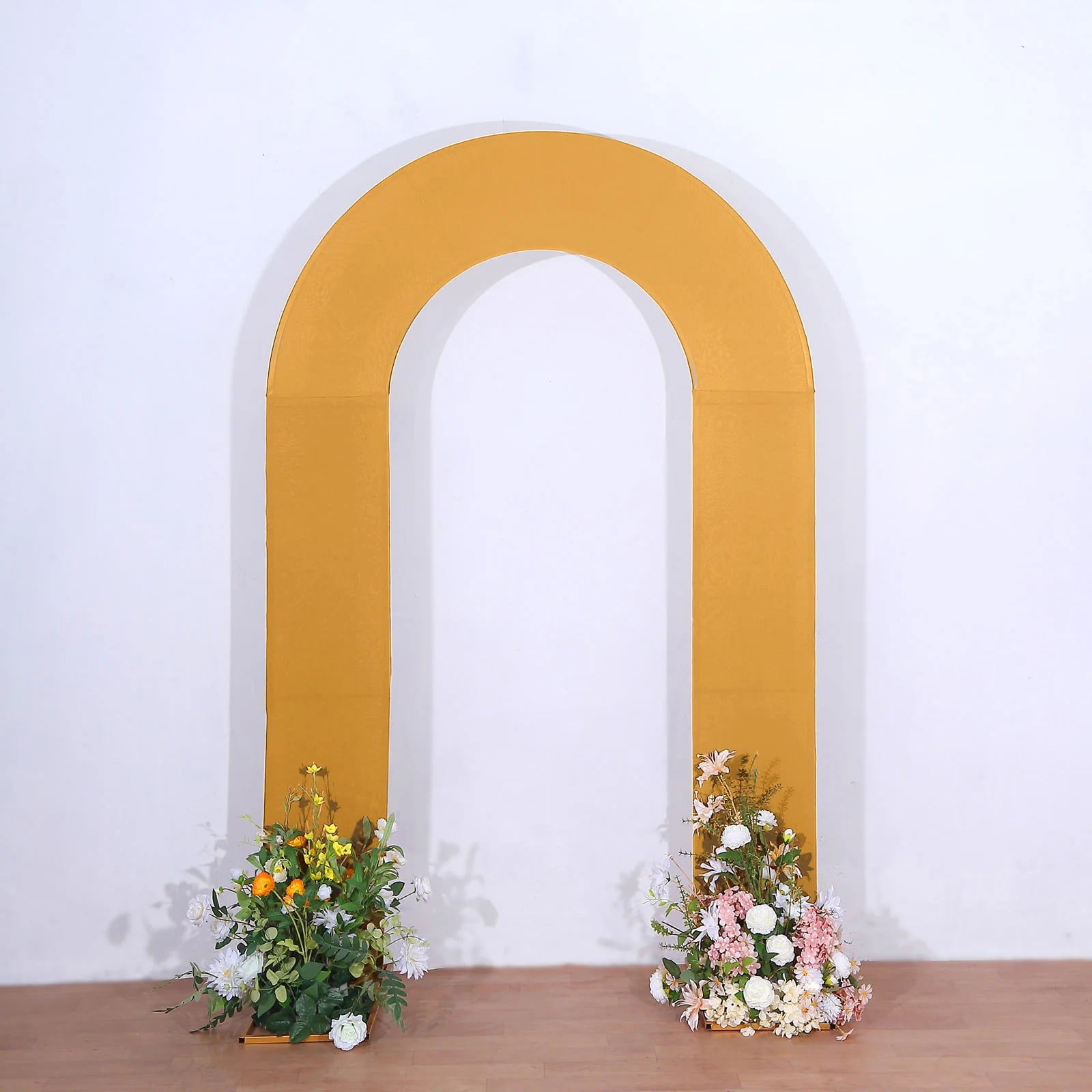BalsaCircle 8 feet Gold Fitted Spandex Double Open Arch Backdrop Stand ...
