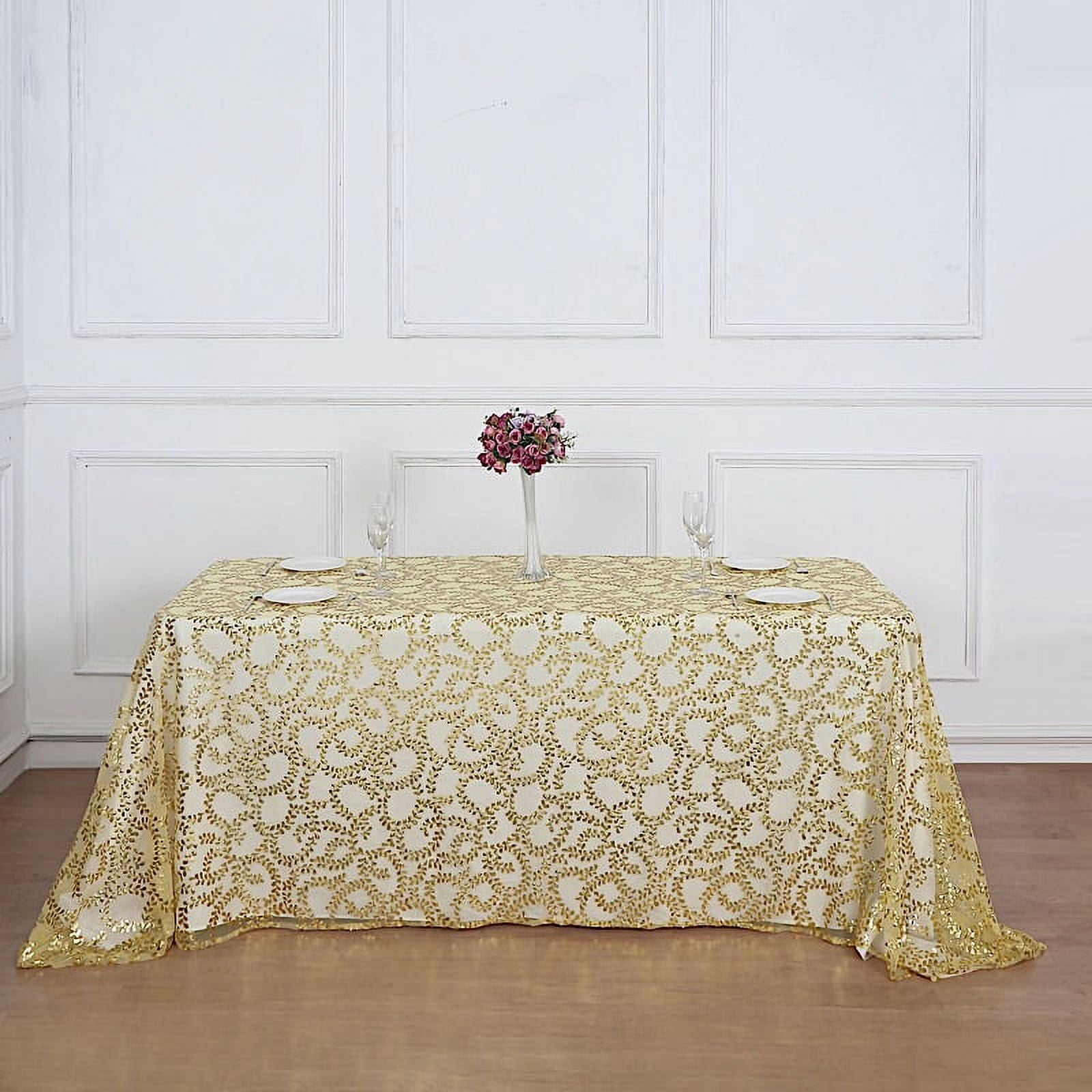 BalsaCircle 90x156" Gold Embroidered Leaves Sequined Sheer Tulle ...