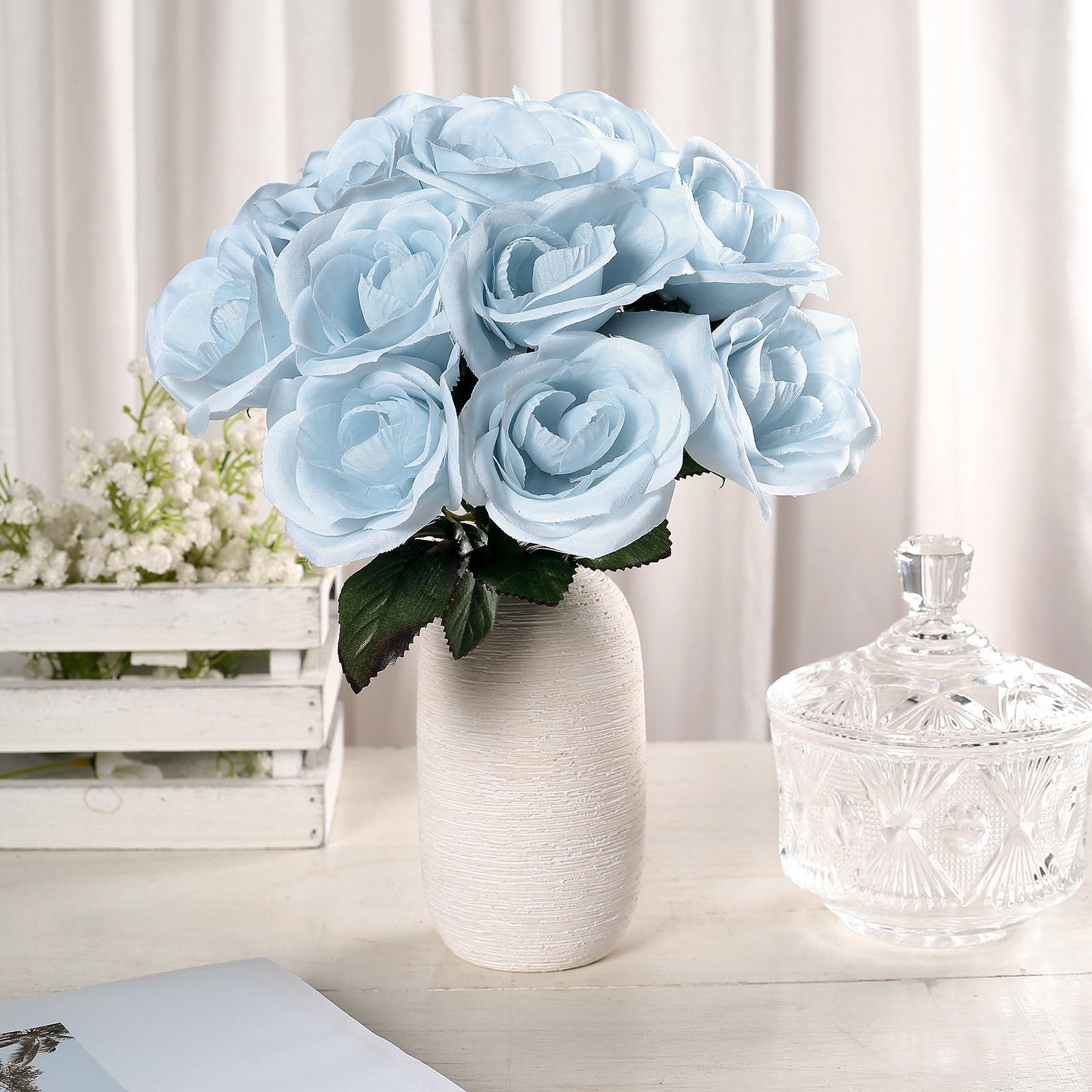 Balsa Circle Ice Blue 12" Artificial Velvet Roses Flowers Arrangement ...
