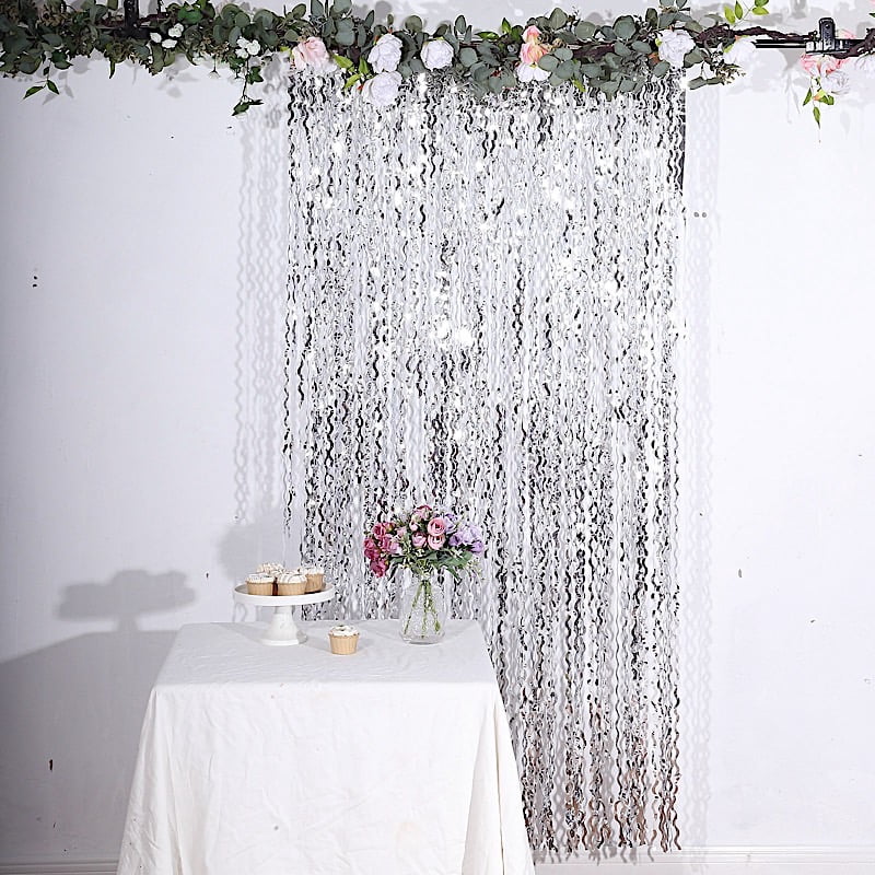 BalsaCircle Metallic Silver 3x6 feet Curly Foil Tassels Fringe Backdrop ...