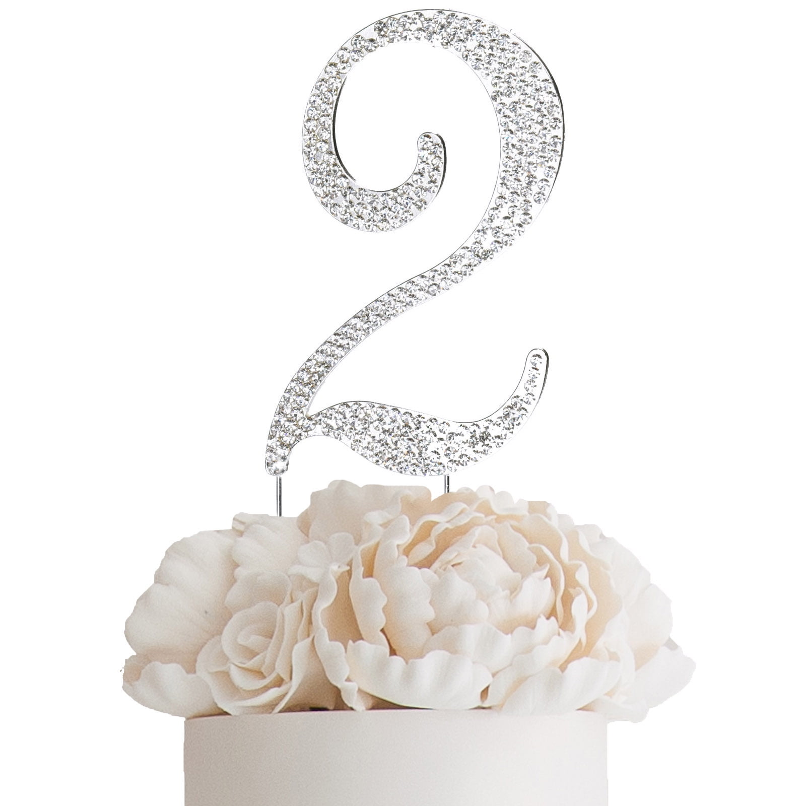 BalsaCircle Number 2 Cake Topper 4.5" Silver Rhinestone Personalized ...