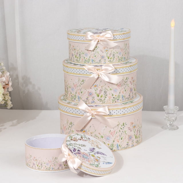 BalsaCircle Set of 4 Round Blush Floral Nesting Cardstock Gift Boxes ...