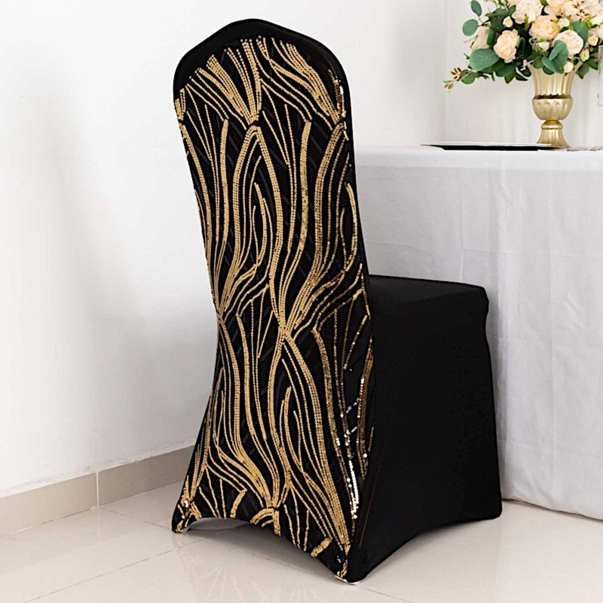 BalsaCircle Spandex Black Gold Stretchable Banquet Chair Cover with ...