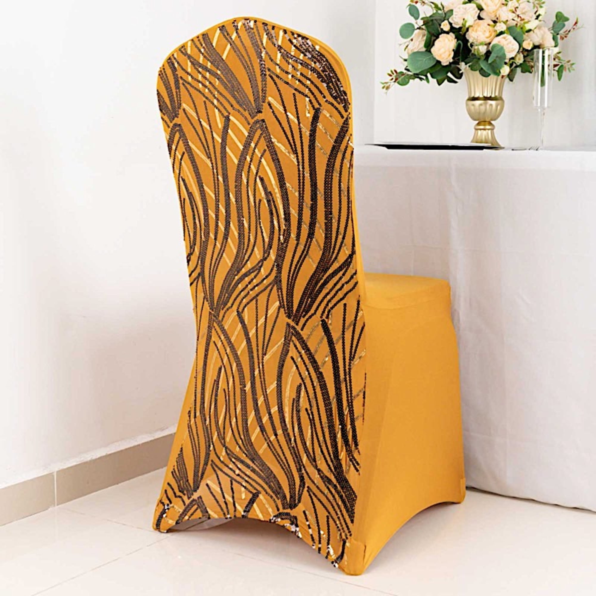 BalsaCircle Spandex Gold Black Stretchable Banquet Chair Cover with ...