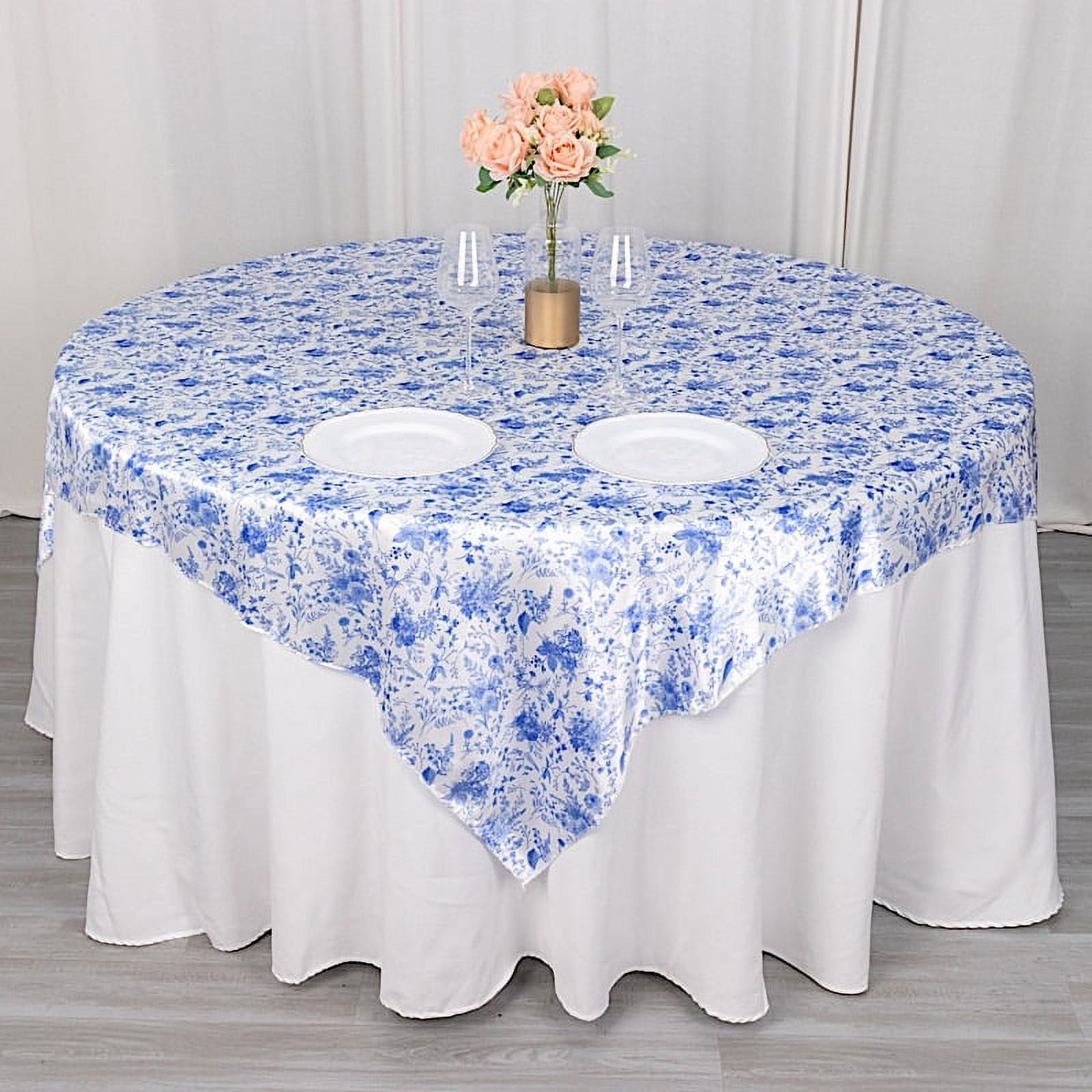 BalsaCircle White 72x72 in Satin Square Table Overlay Blue Floral ...