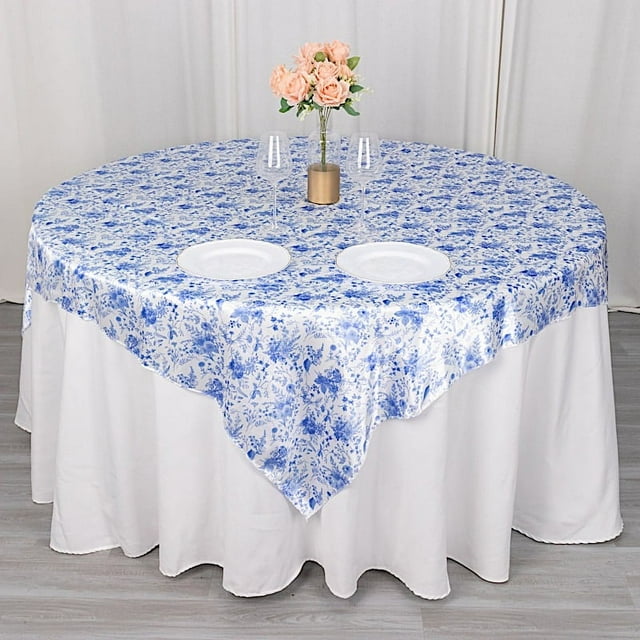BalsaCircle White 72x72 in Satin Square Table Overlay Blue Floral ...