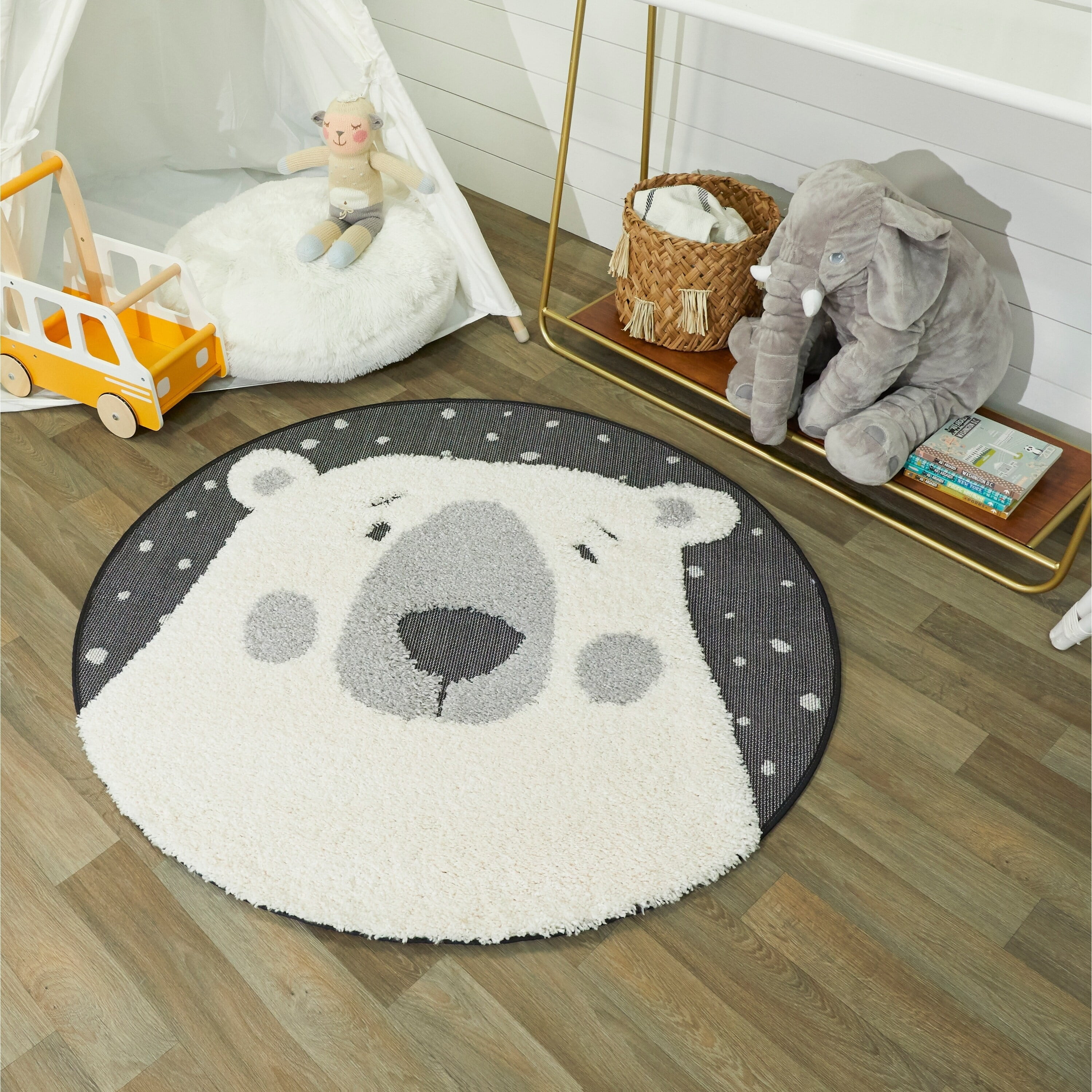 Balta Mod-Tod Polar Bear Round Shag Kids Rug Animal Theme White Silver ...