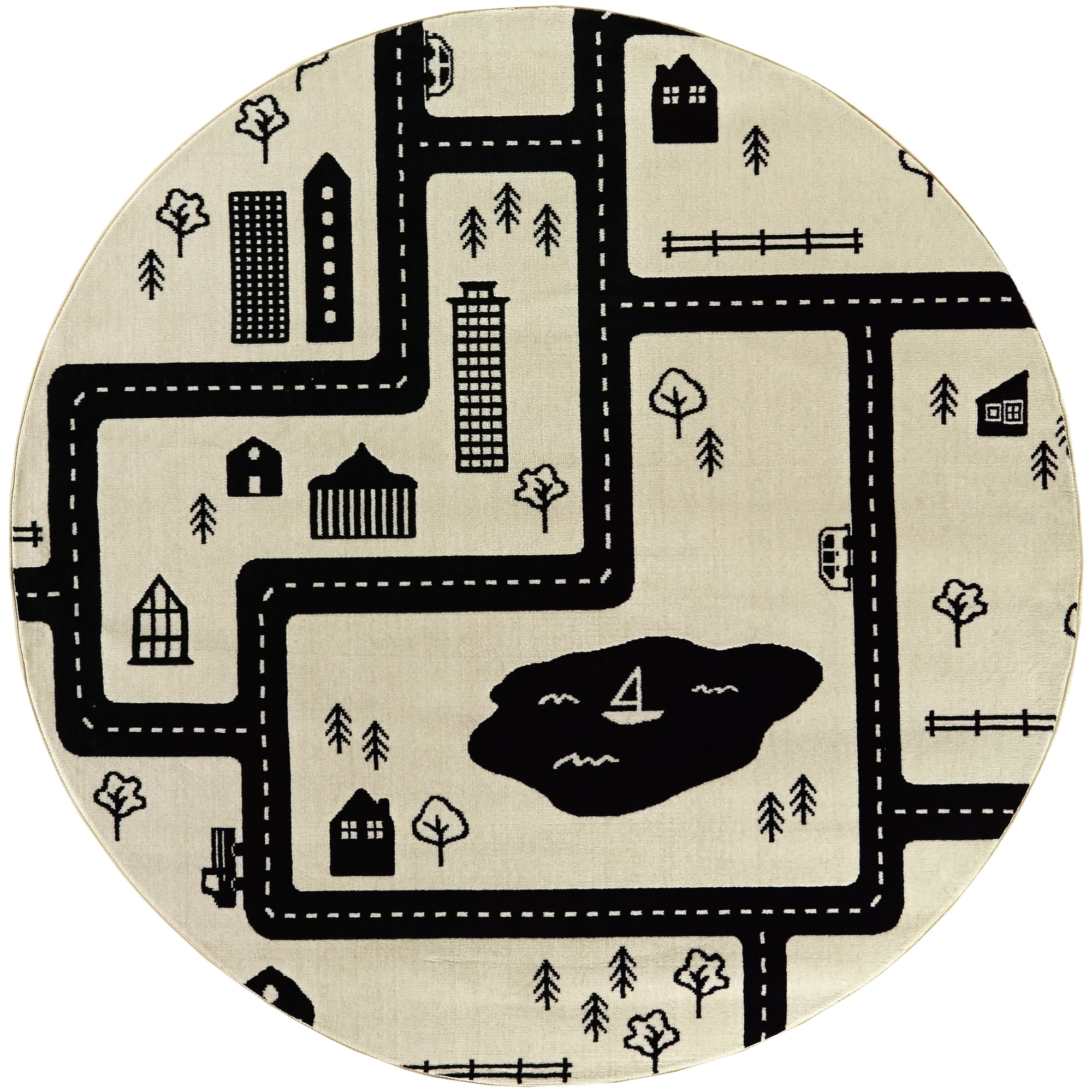 Balta Mod-Tod Urban Adventure Road Map Kids' Rug Ivory/Black 5'3" Round ...