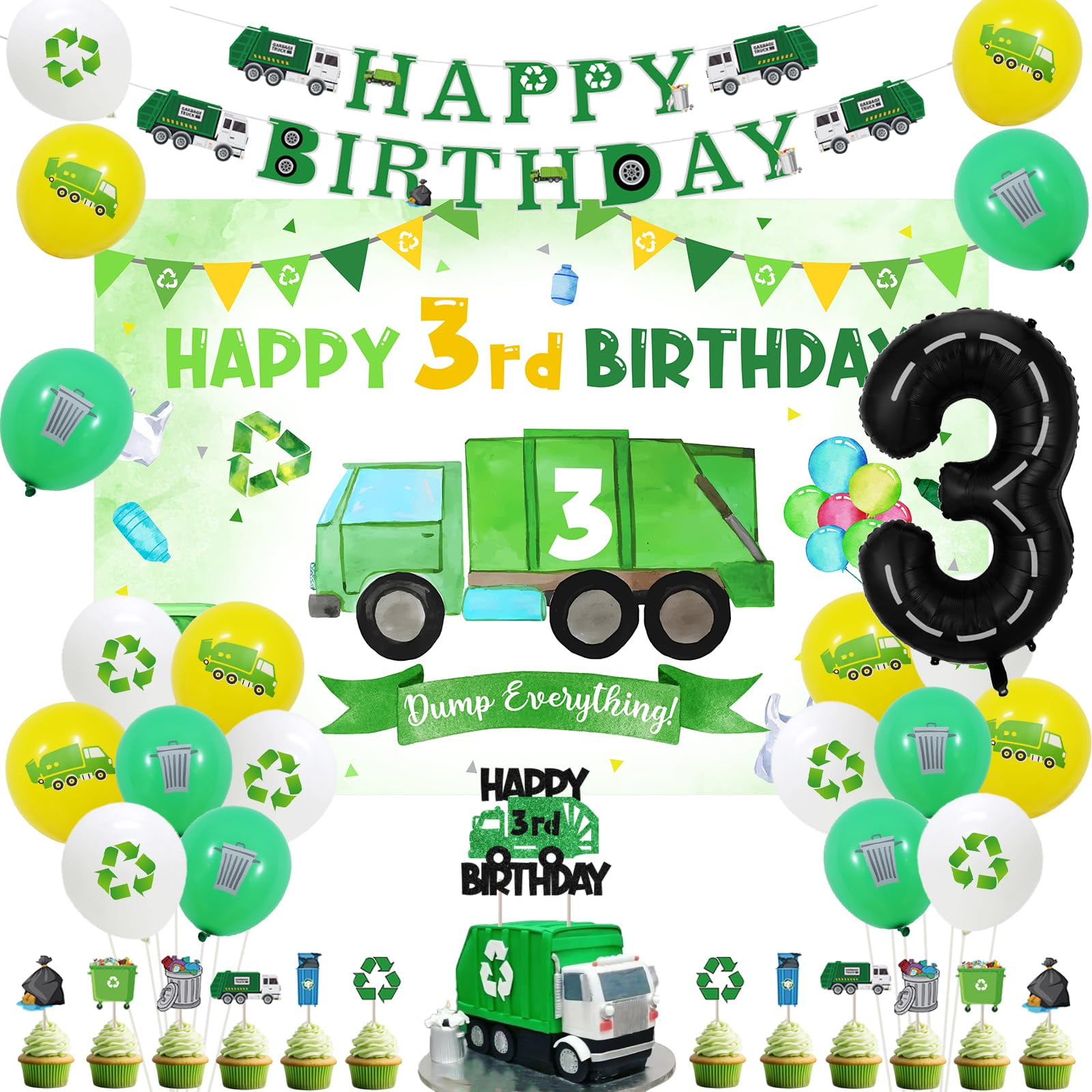 Balterever 3rd Birthday Garbage Truck Decoration BSL1 - Boys Trash Truck Bday Backdrop Banner ...