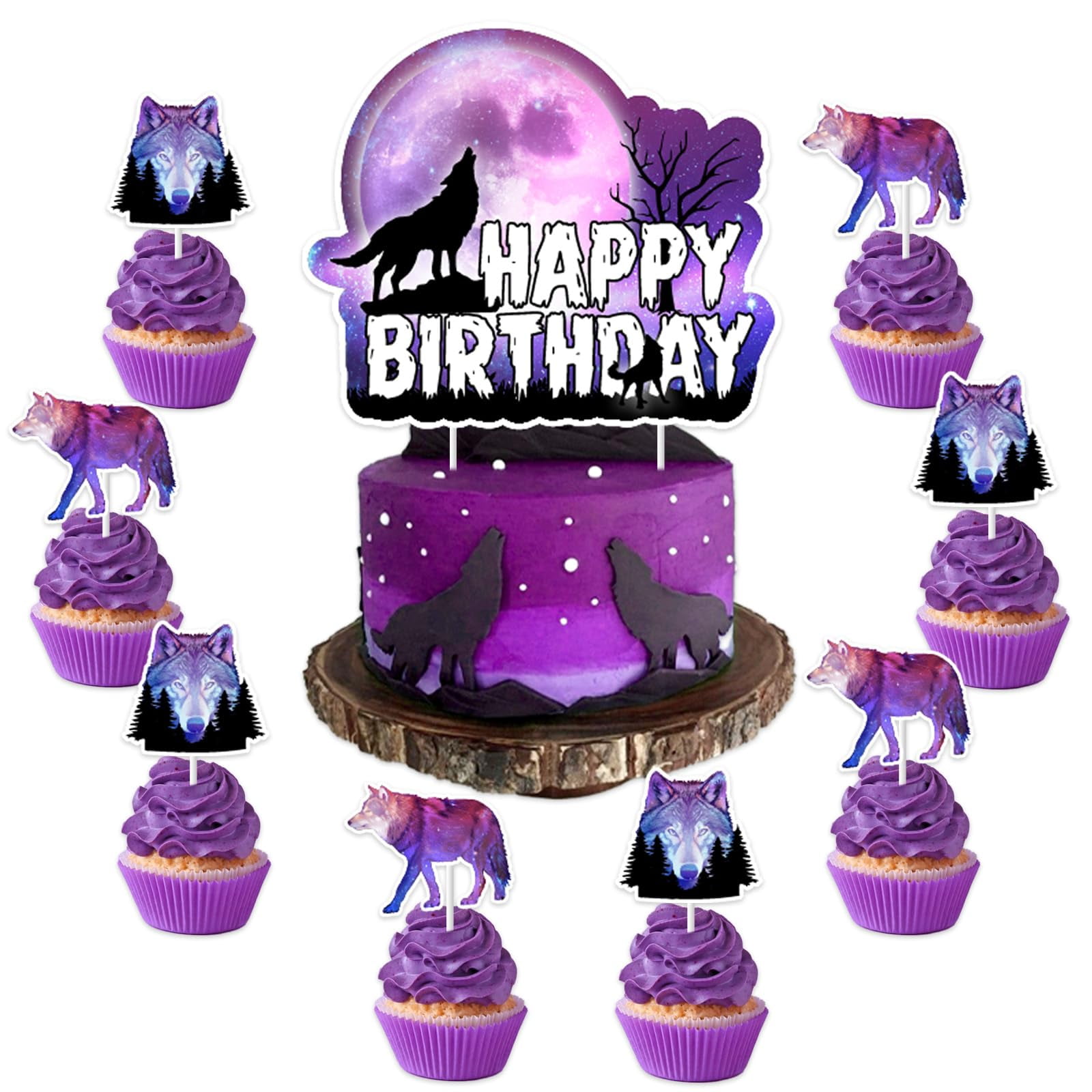 Balterever Wolf Birthday SCH4 Cake Cupcake Toppers Galaxy Wolf Birthday ...