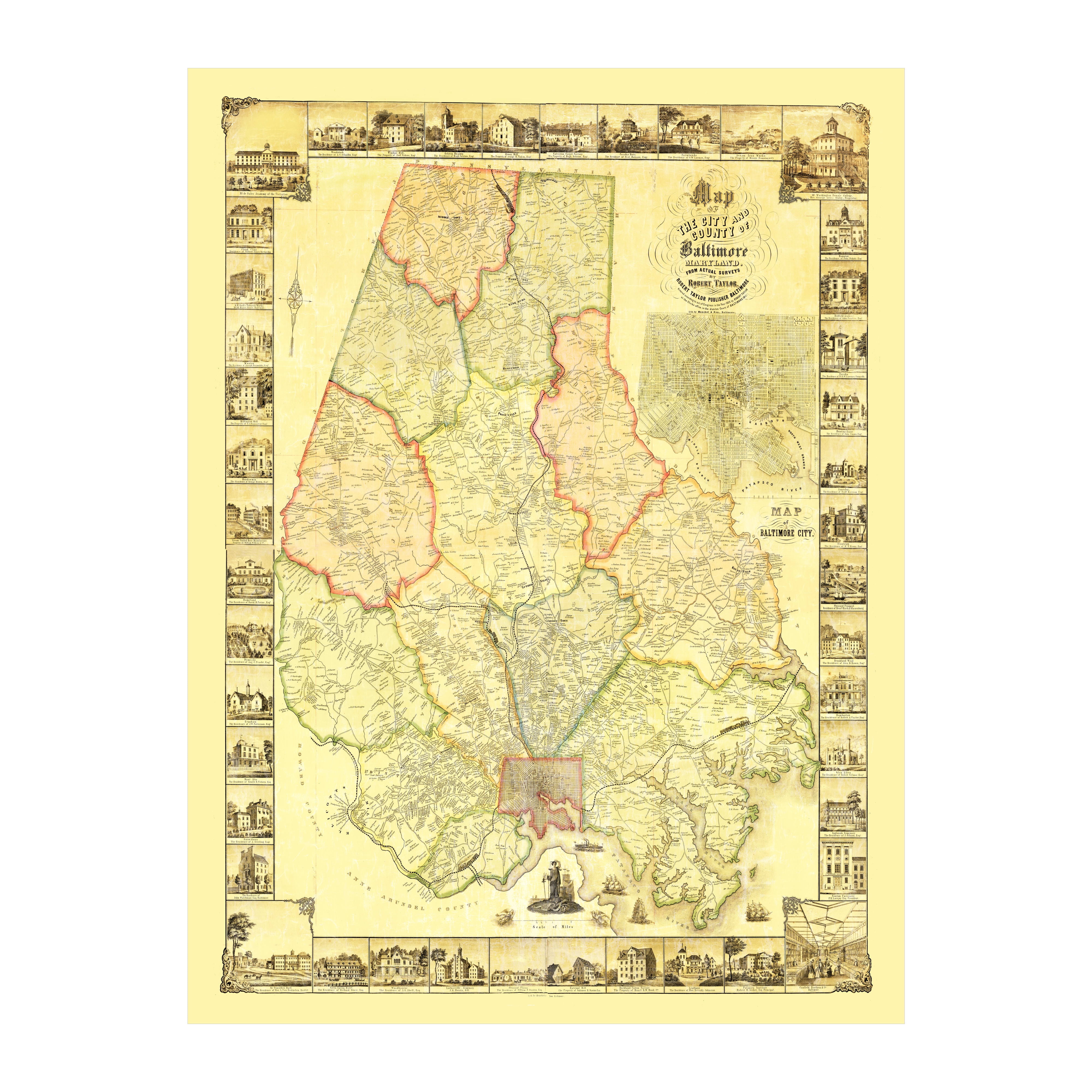 Baltimore County Maryland Art, 1857 Vintage Map of Baltimore County MD ...