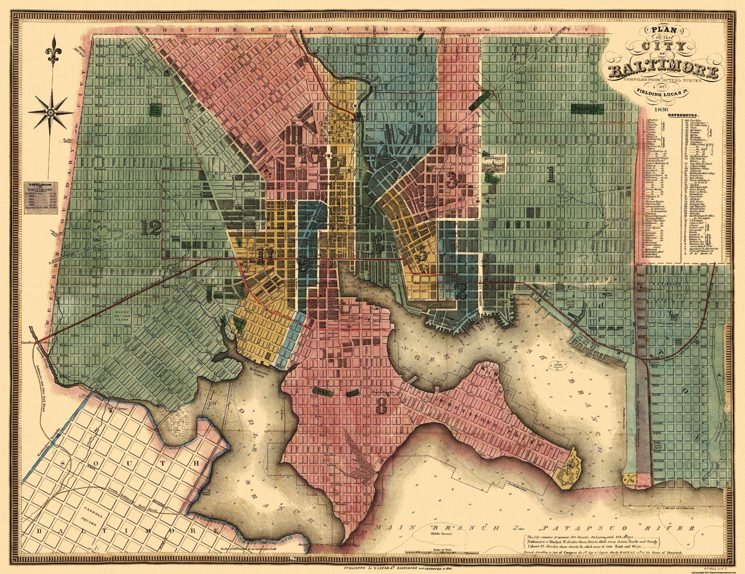 Historic City Map - Baltimore Maryland - Lucas 1836 - 29.81 x 23 ...