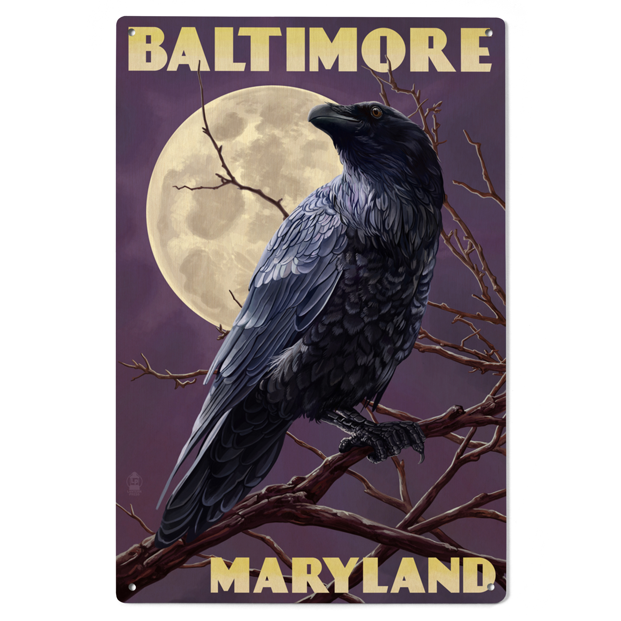 Baltimore, Maryland, Raven and Moon Purple Sky Birch Wood Wall Sign ...