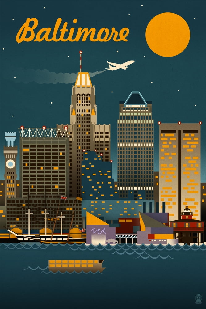 Baltimore, Maryland, Retro Skyline (24x36 Giclee Gallery Art Print ...