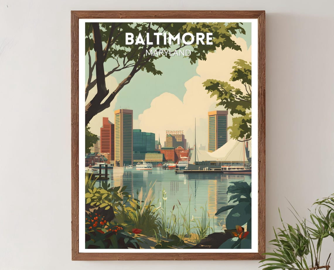 Baltimore Maryland Retro Travel Mid Century Modern Vintage Cityscape ...
