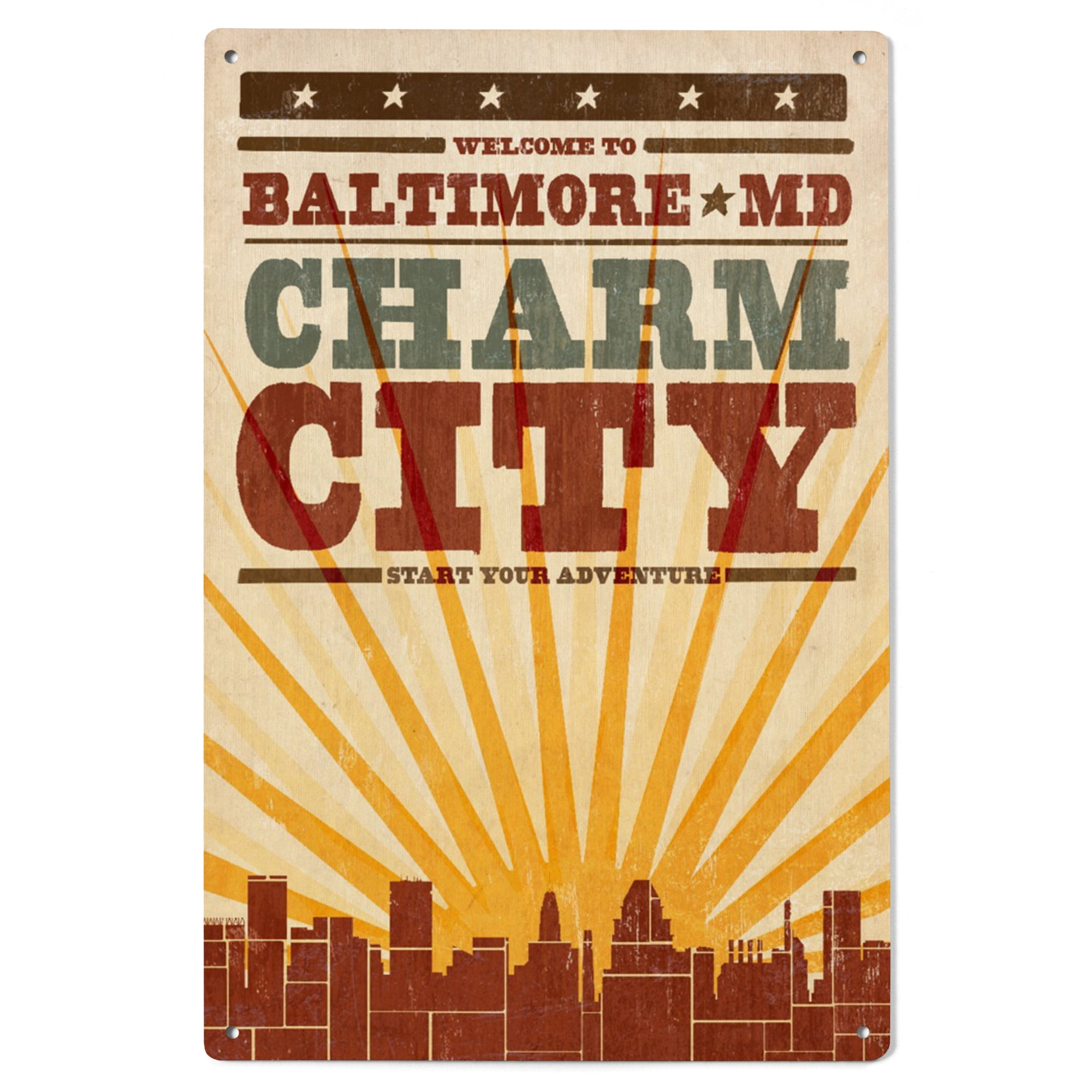 Baltimore, Maryland, Skyline and Sunburst Screenprint Style Birch Wood ...