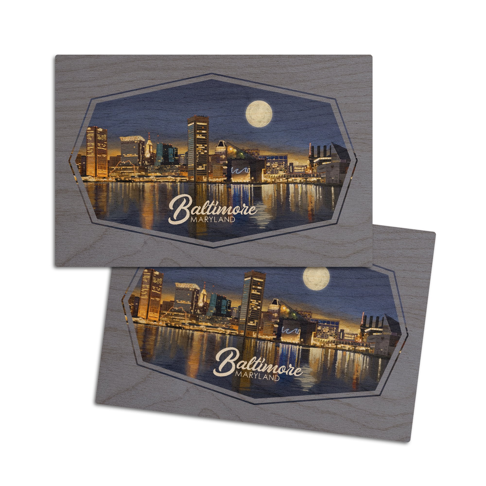 Baltimore, Maryland, Skyline at Night, Contour (4x6 Birch Wood ...