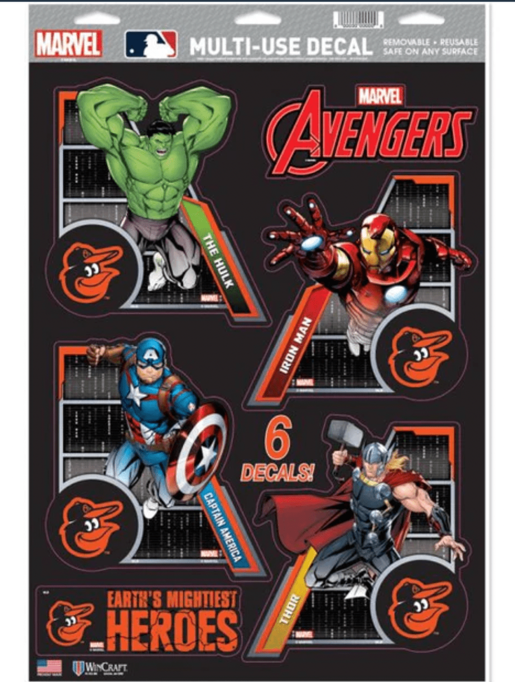 Baltimore Orioles / MARVEL Multi-Use 6 Piece Decals 11" x 17" - Walmart.com