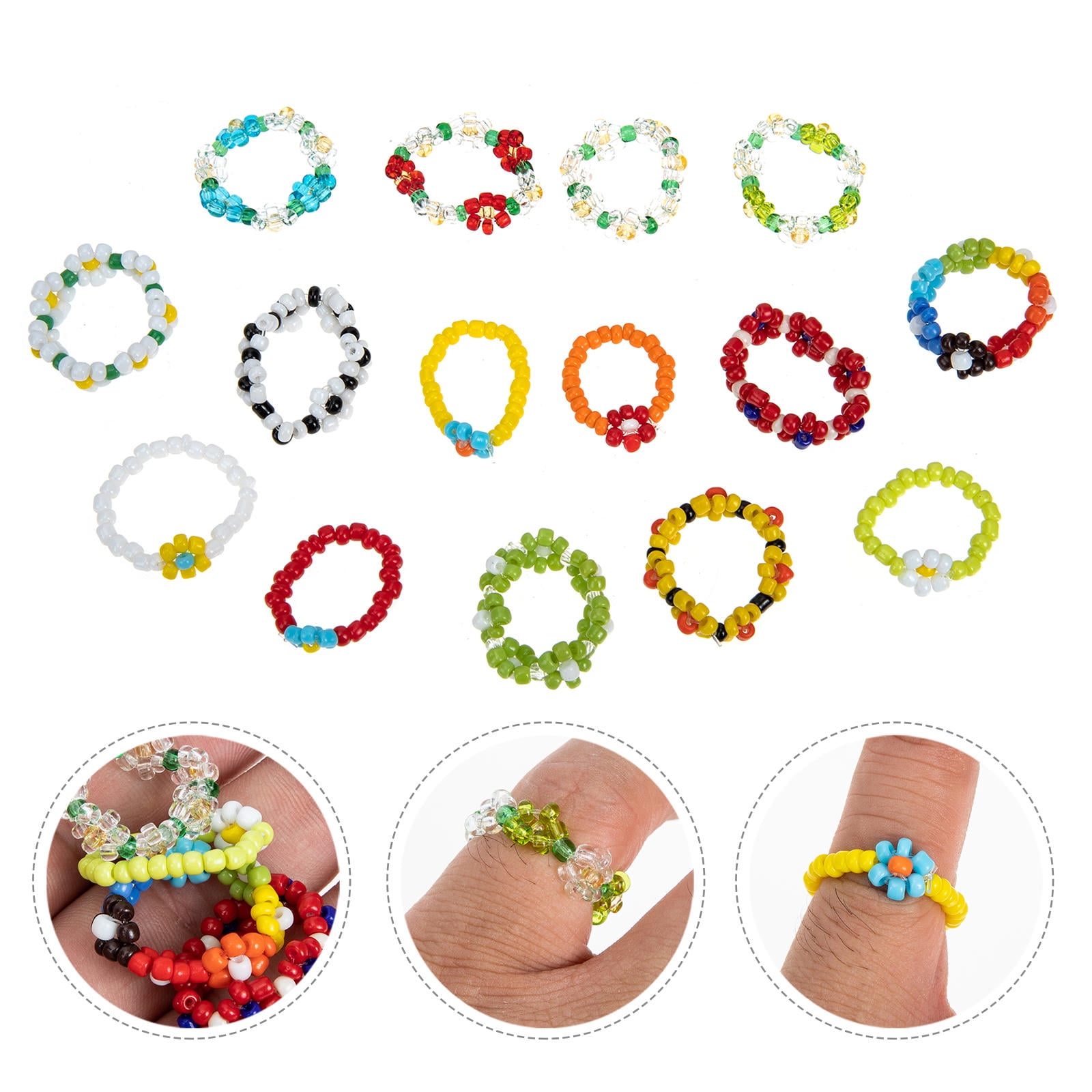 Baluue 15pcs Aesthetic Rings Glass Beads Flower Shape Elastic Design ...