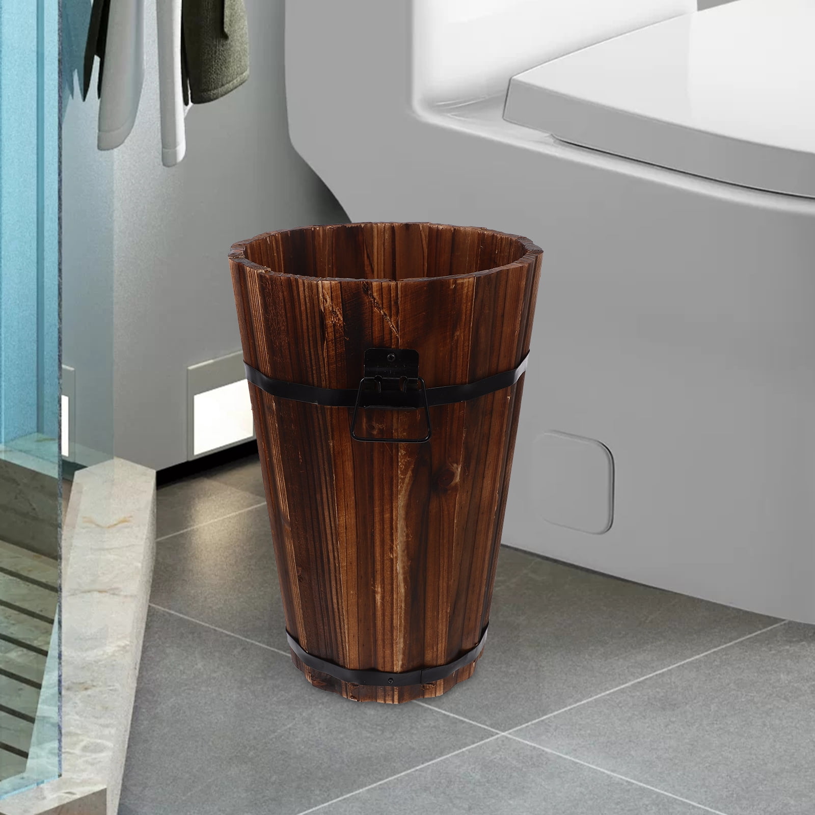 Baluue Rustic Style Wooden Trash Can Coffee Color Bathroom Storage ...