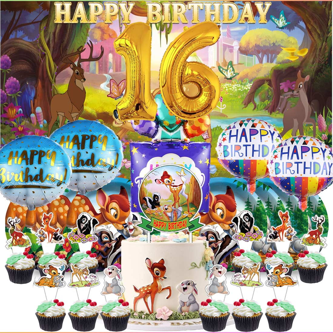 Bambi 16th Tableware Balloons Cake Toppers Backdrop Banner Supplies ...