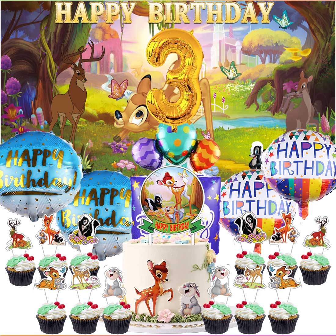 Bambi Party Supplies Decor 3rd Kit Balloons Birthday Cake Topper Banner ...