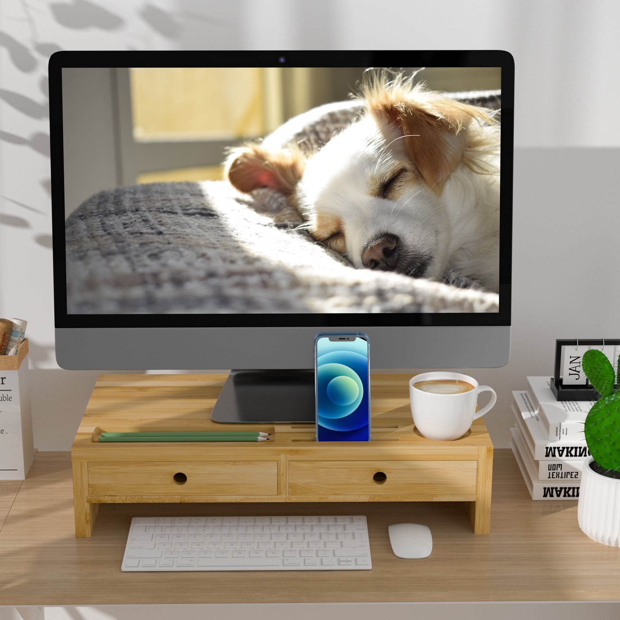 Bambloom Bamboo Monitor Stand Riser with Drawer,Phone Holder & Cups ...