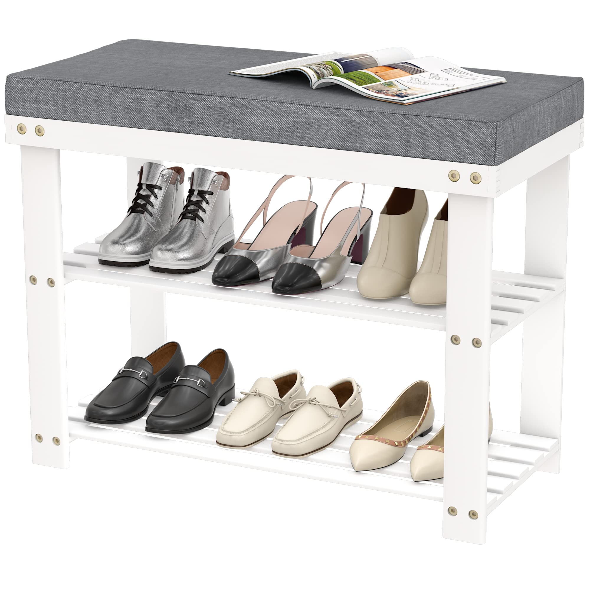 Bambloom Bamboo Shoe Bench,2 Tiers Shoe Rack w/ Storage and Padded Seat ...