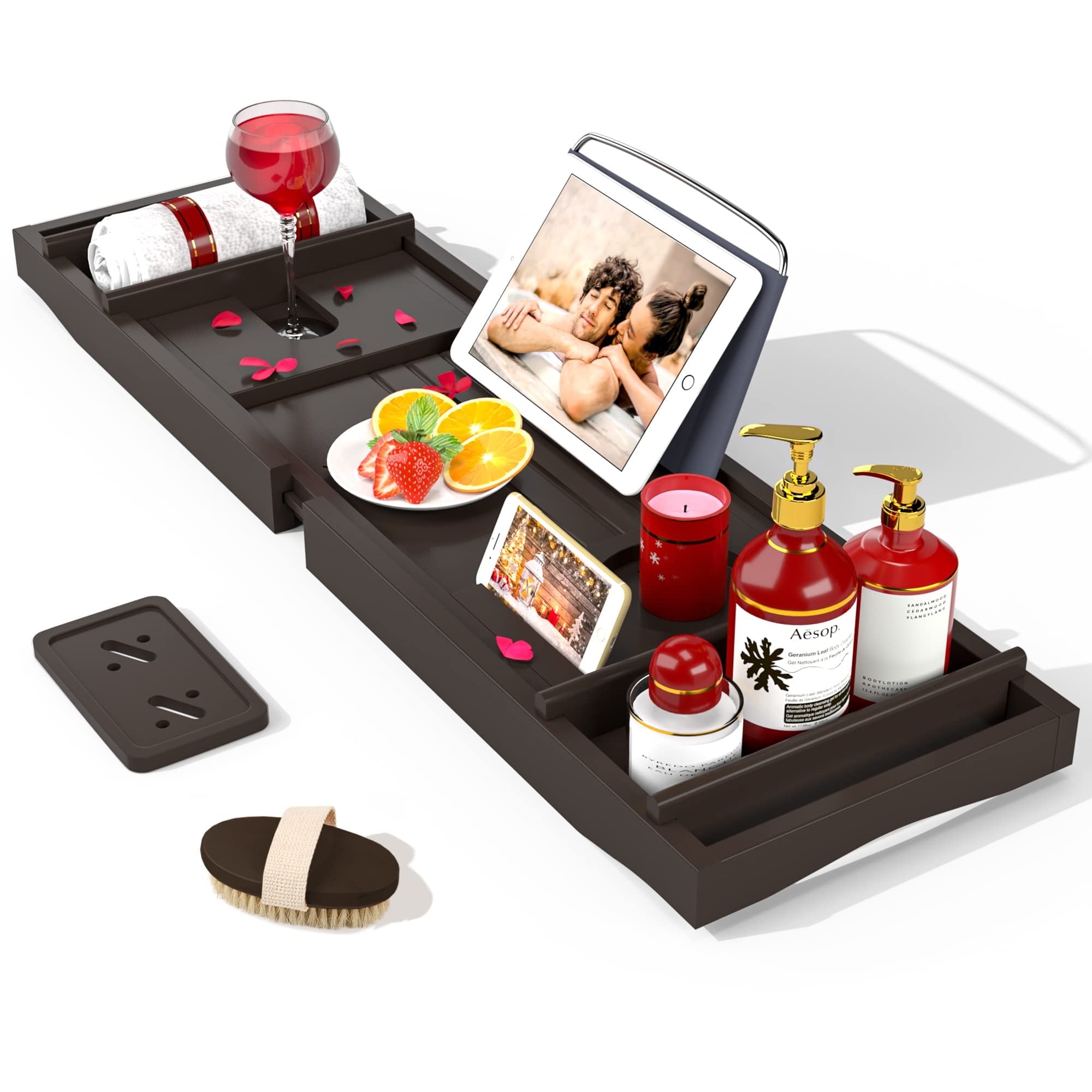 Bambloom Luxury Spa Bamboo Bathtub Tray with Book Stand, Brush & Soap ...