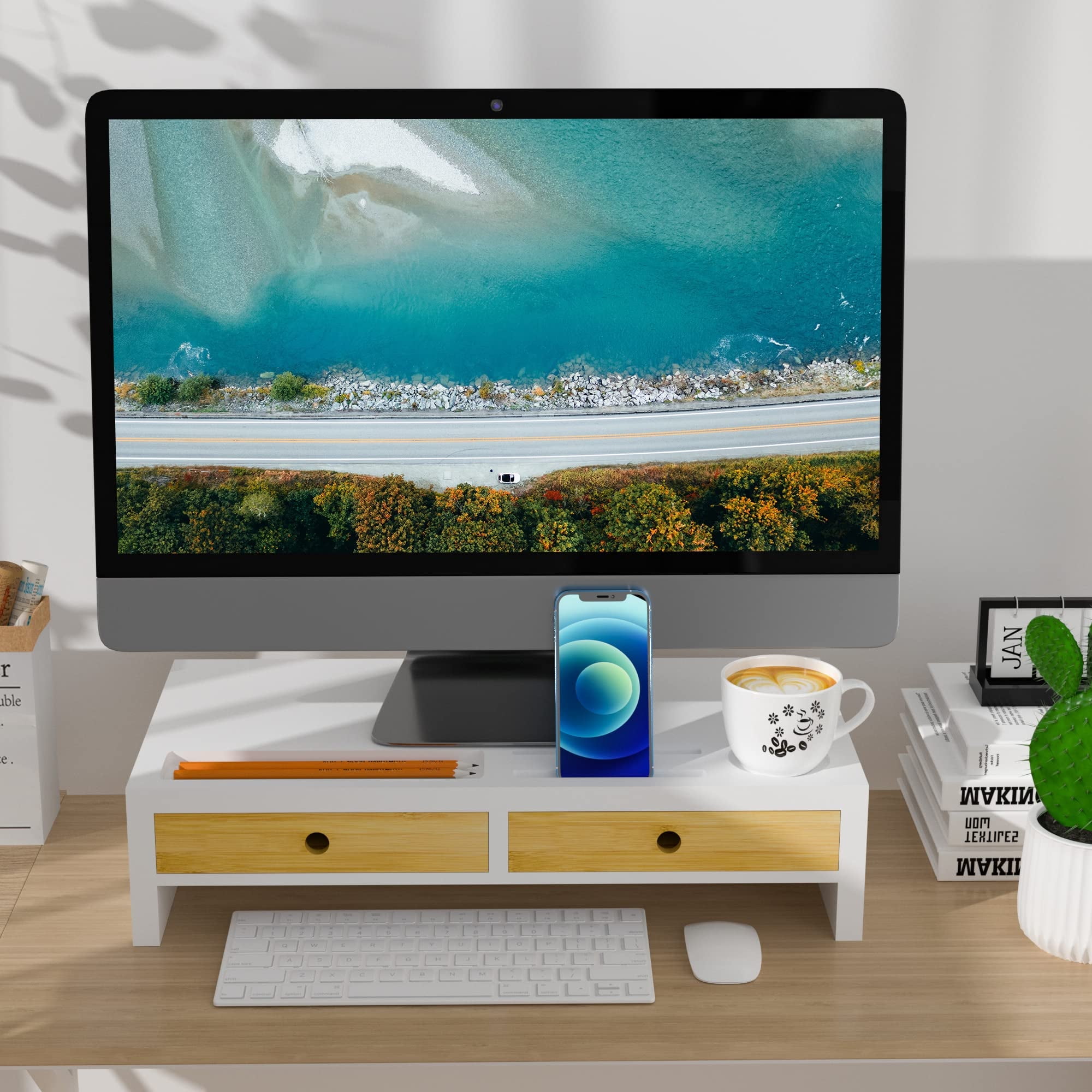 Bambloom Monitor Stand with 2 Drawers,White Wood Monitor Riser for ...