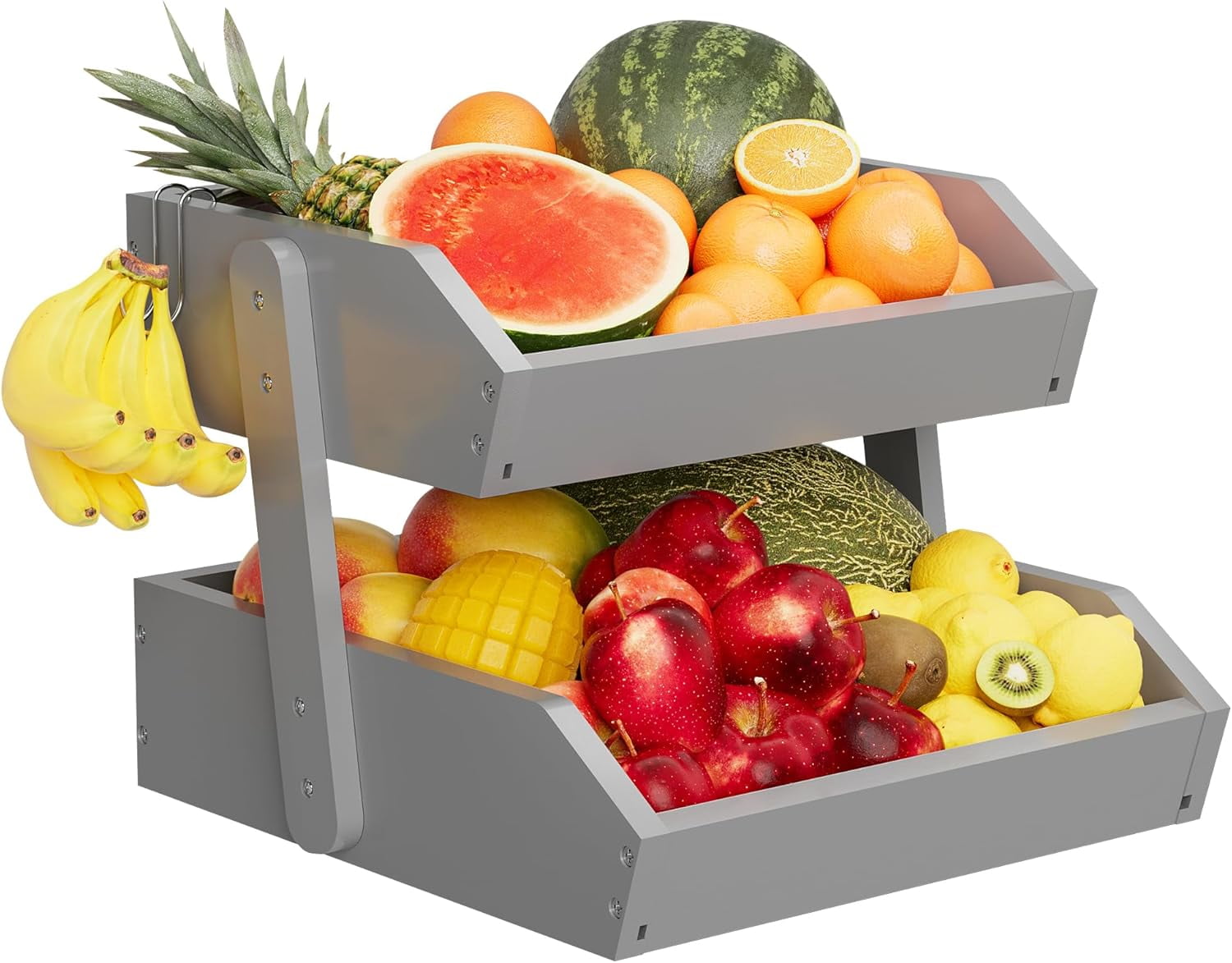 Bamboo 2 Tier Fruit Basket With Two Banana Hook, Fruit And Vegetables ...