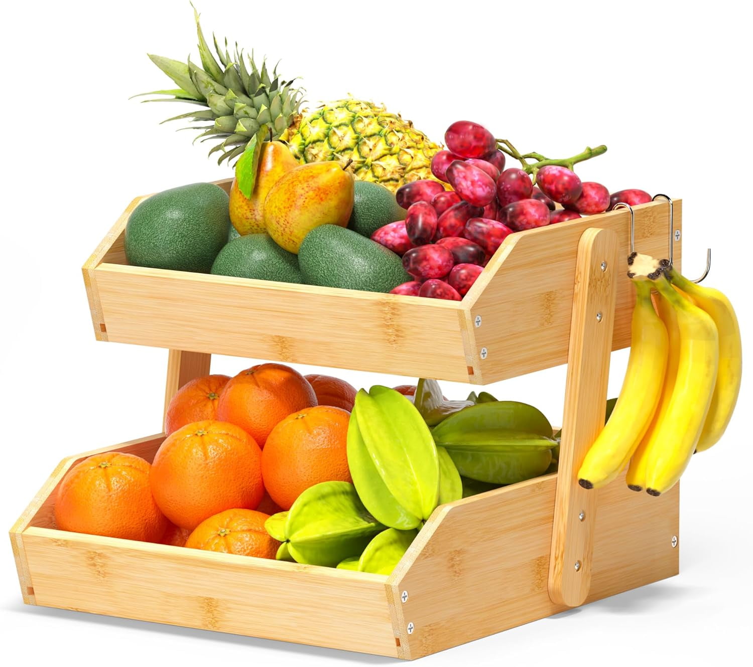 Bamboo 2-Tier Fruit Bowl for Kitchen Counter - Large Fruit Holder with ...
