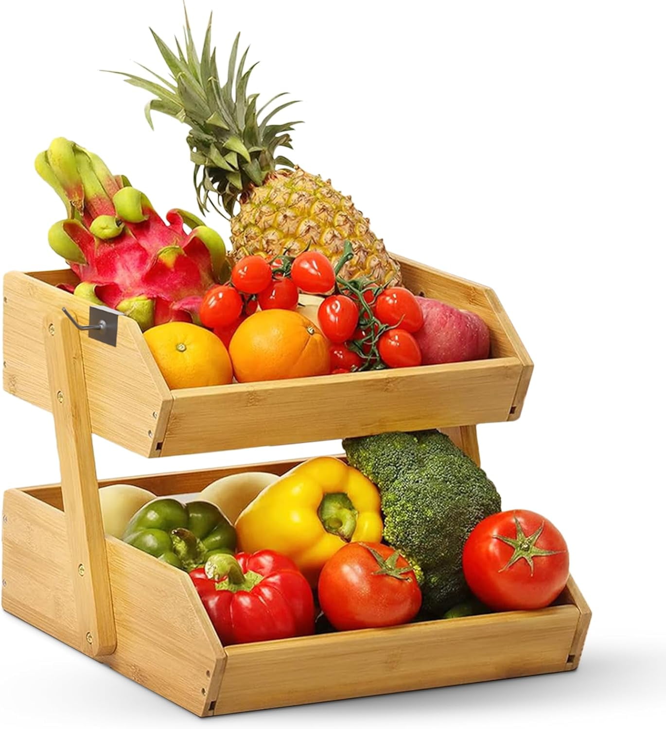 Bamboo 2 Tier Fruit & Vegetable Basket with Banana Hook for Kitchen ...